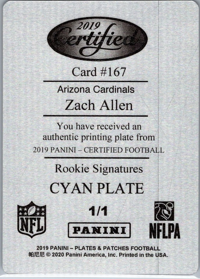 2019 Panini Plates & Patches Certified ZACH ALLEN CYAN PRINTING PLATE ...