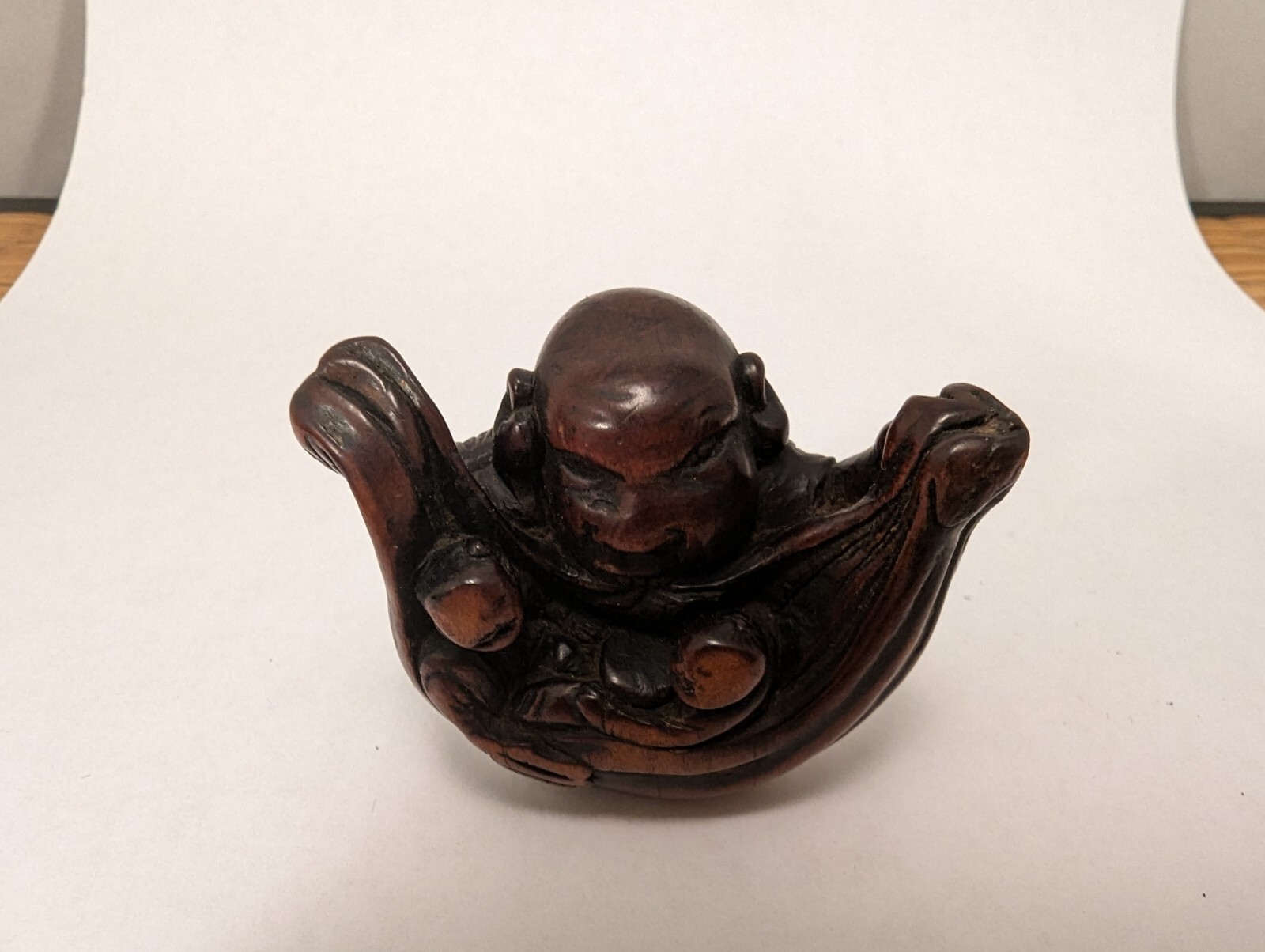Antique Japanese Wood Netsuke Large Head Yokai holding bag with two ...