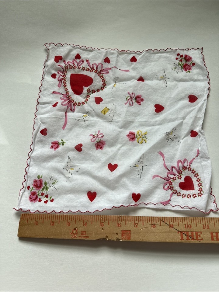 Vtg Valentines Handkerchief Doves Delivering Love Letters Hearts Roses ...