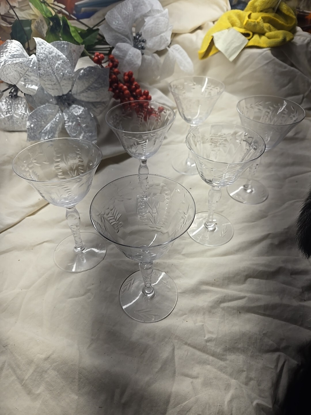 Vintage Delicate Fine Crystal Stemware Etched Flower Leaves Champagne ...