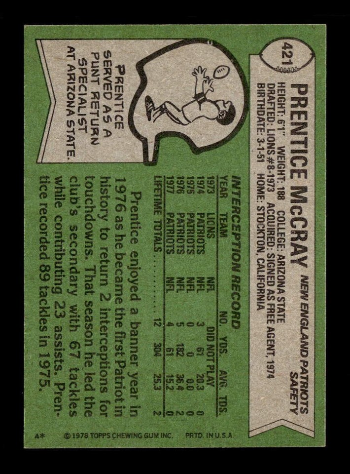 1978 Topps #421 Prentice McCray New England Patriots EX-MT+ Football ...