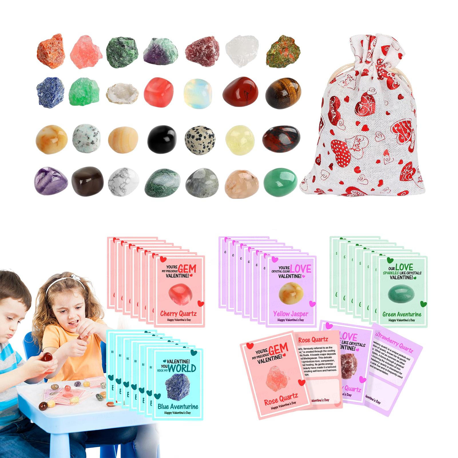 Kids Valentines Day Cards 28PCS Natural Shiny Gem And Card Valentines ...