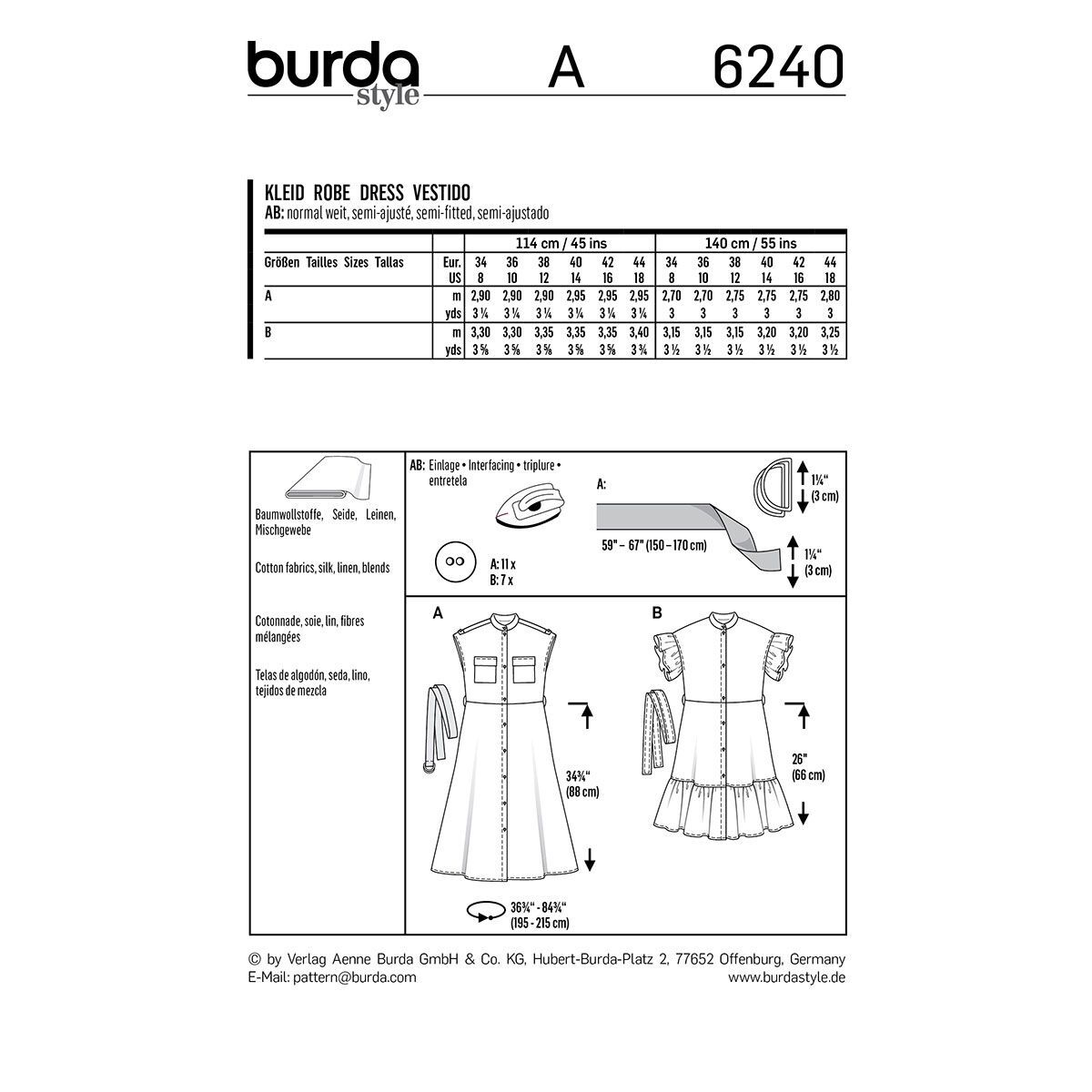 BURDA 6240 MISSES DRESSES Sewing Pattern Sizes 8 - 18 2 Styles | eBay