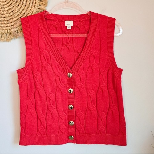 A New Day Cherry Red Cable Knit Chunky Sweater Vest Gold Button Accent ...