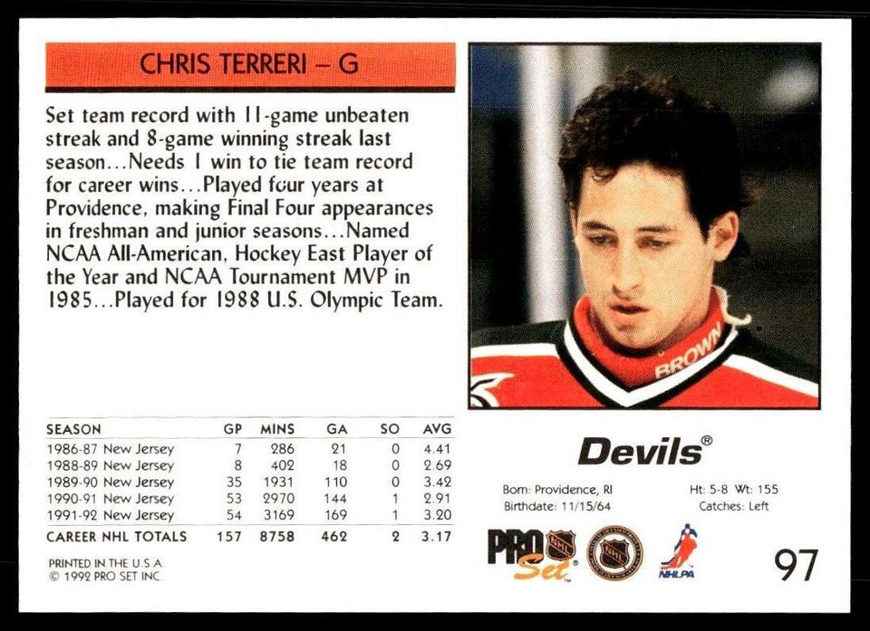 1992-93 Pro Set #97 Chris Terreri New Jersey Devils Hockey Card | eBay