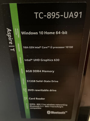 Acer TC-895-UA91 Desktop, 10Th Gen Core I3-10100 4-Core Processor, 8GB 2666Mhz | eBay