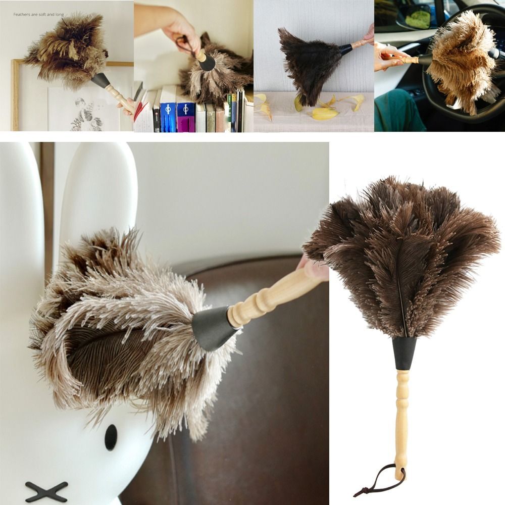 Wooden Hand Dust Removal Ostrich Feather Fur Brush Duster Cleaner ...