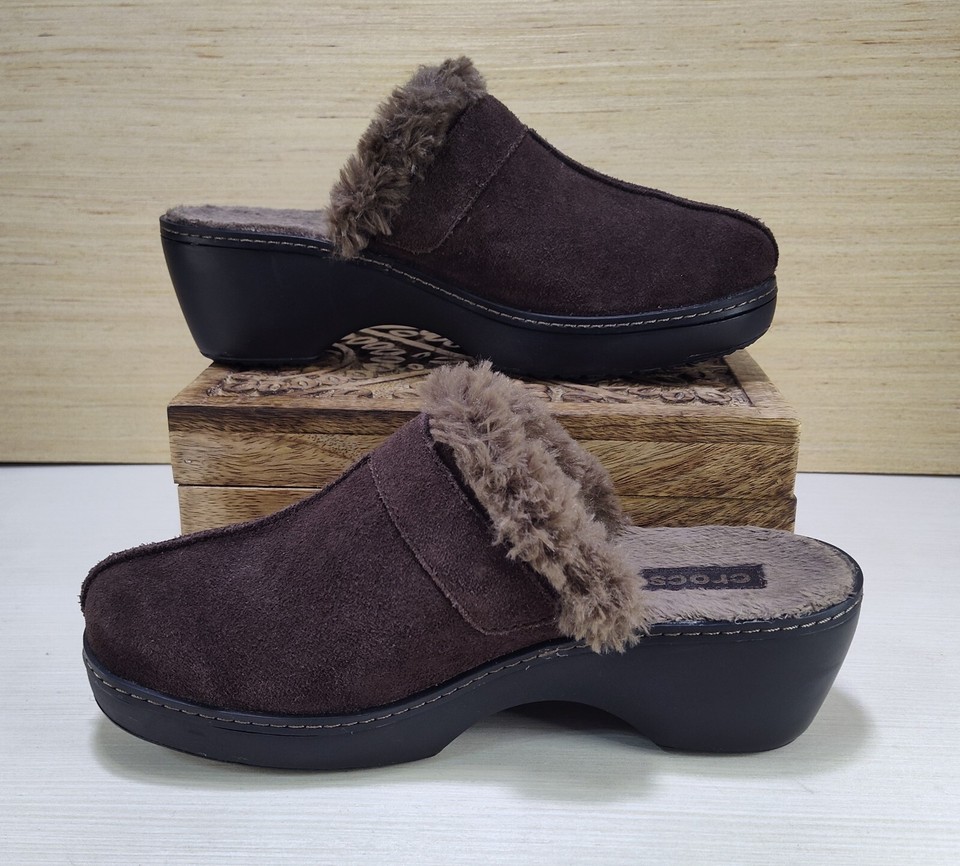 Crocs Cobbler Women’s Size 10 Mule Clogs Wedge Brown Suede Faux Fur ...