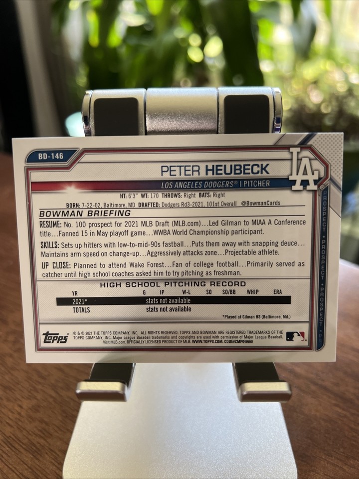 Peter Heubeck 2021 Bowman Draft PURPLE PARALLEL #/250 BD-146 LA Dodgers ...