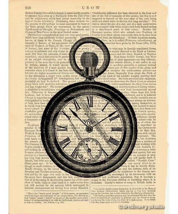 Pocket Watch Art Print on Vintage Book Page Time Home Office Hanging ...