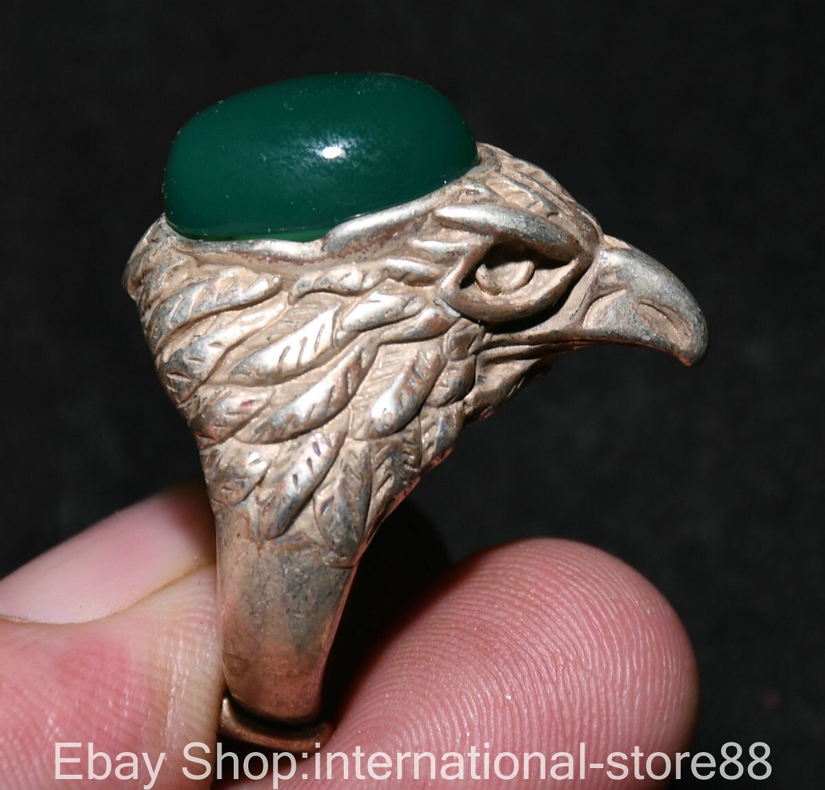 1.4" Old Chinese Silver Inlay Green Gem Flying Eagle Bird Head Jewelry ...