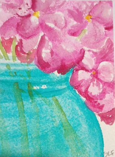 Pink Hydrangea Flowers, Aqua Jar ACEO Original Watercolor Art, Sharon ...