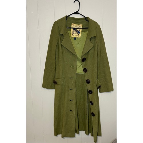 Fillmore Olive Green Wool Blend Trench Coat Button Front Retro Style Sz ...
