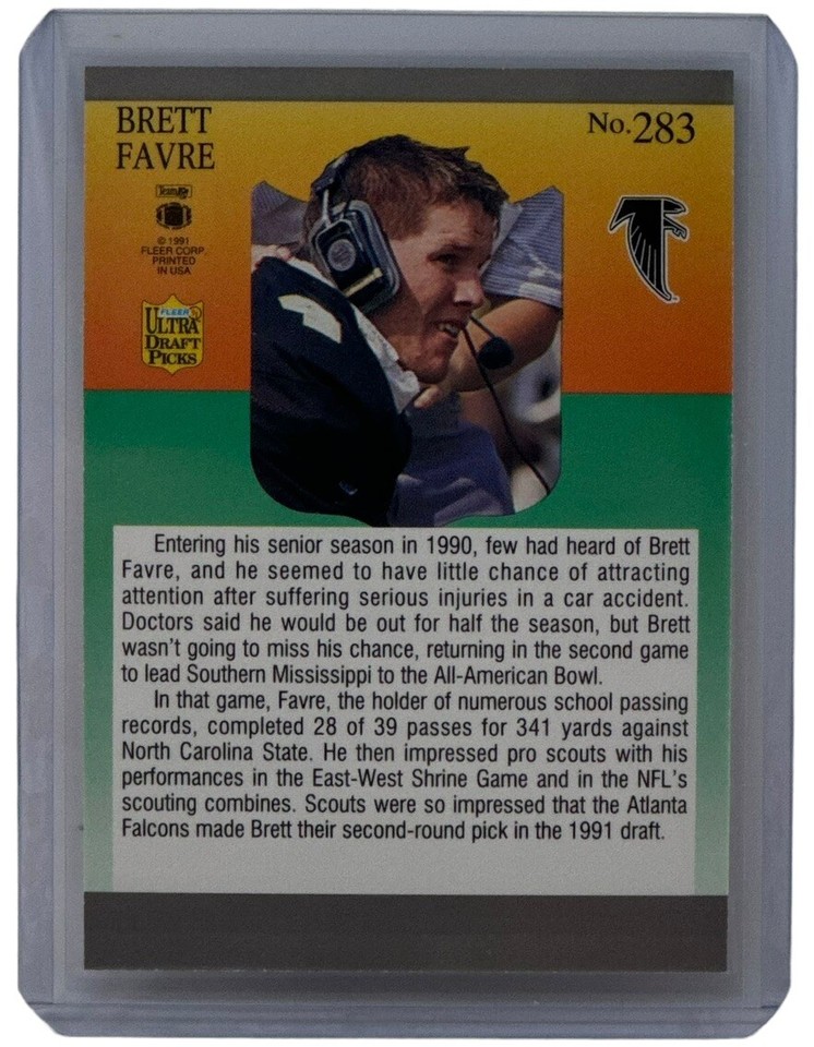Brett Favre 1991 Fleer Ultra Draft Pick Rookie Card Atlanta Falcons RC ...