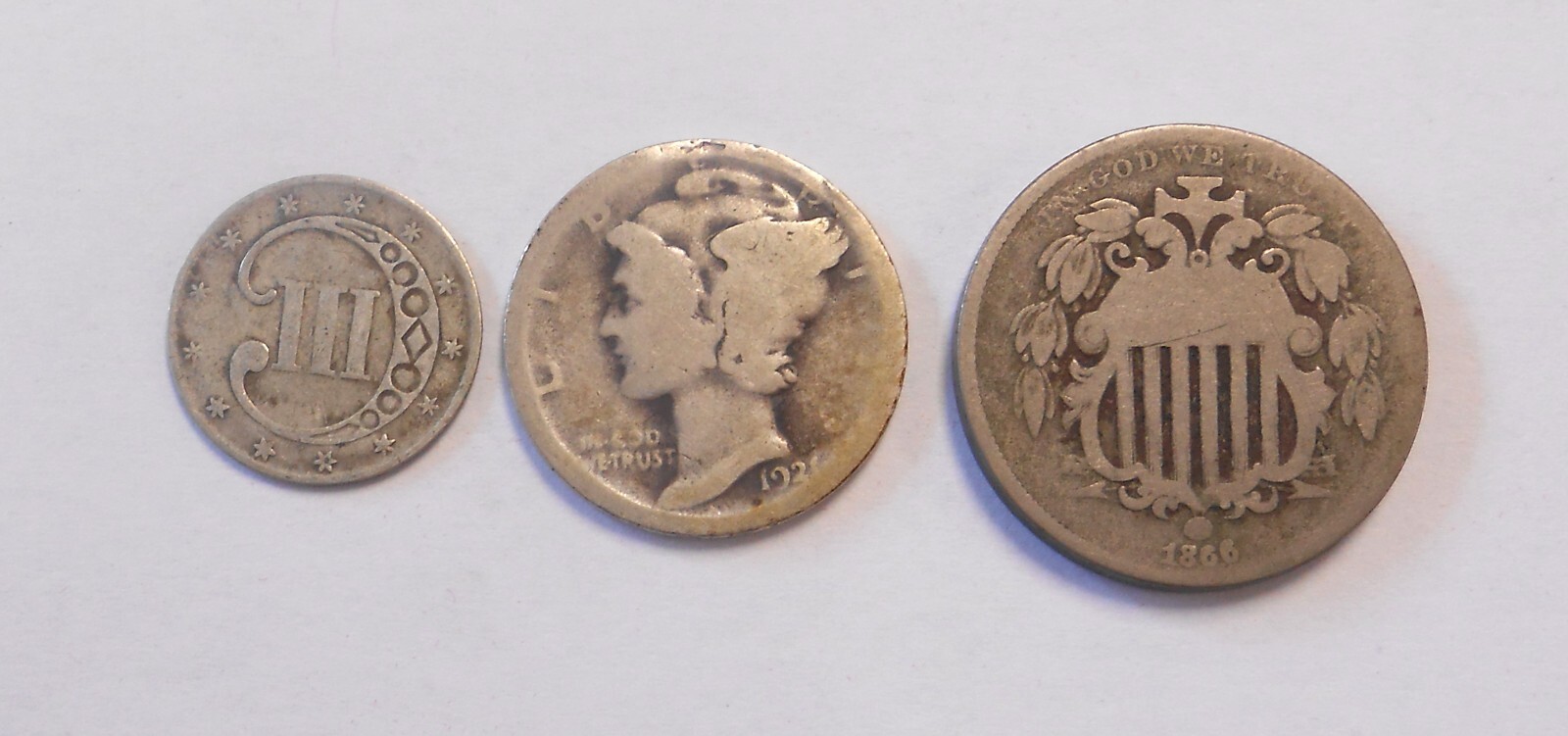 Lot of 3 1866 Shield Nickel & Silver 1852 Trime 3 Cent Piece 1921 ...