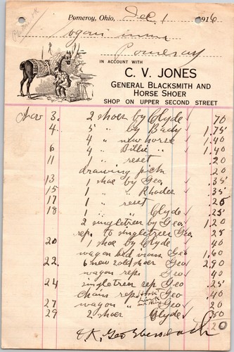 1916 C.V. Jones Blacksmith Horse Shoer Receipt Pomeroy Ohio Ephemera ...