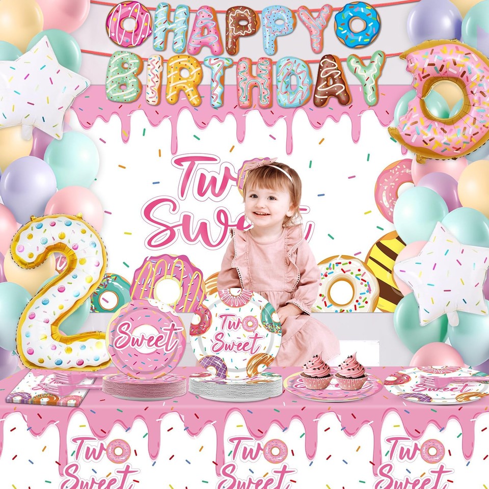 143Pcs Two Sweet Birthday Party Decorations Girls Donut tableware Set ...