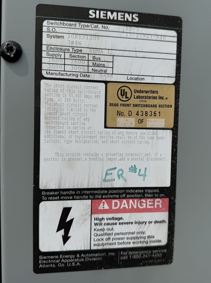 Siemens 1600 Amp Main Breaker Distribution Panelboard 208/120V 3P4W ...