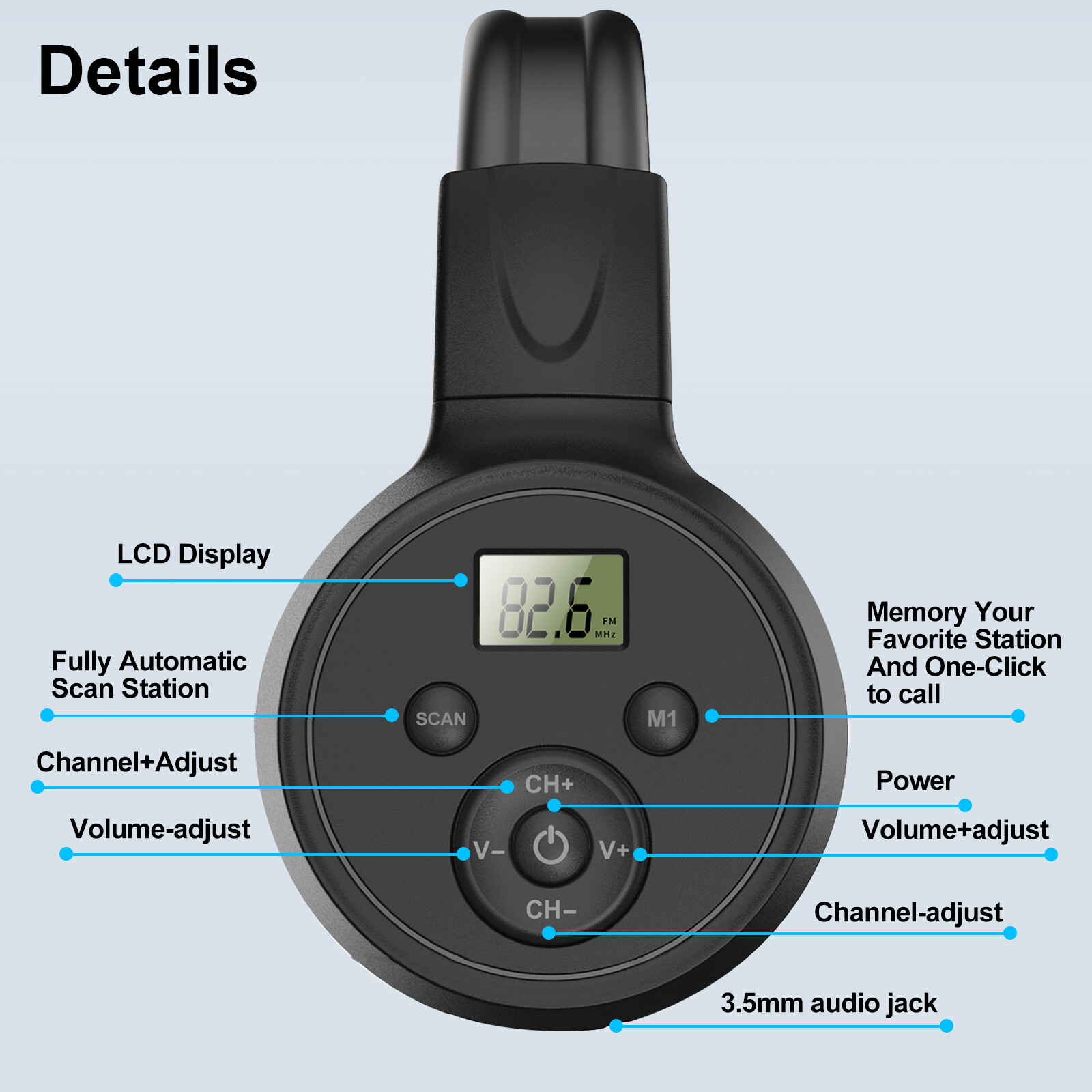 Wireless FM Radio Headphones 3.5mm Rechargeable Foldable Over-Ear ...