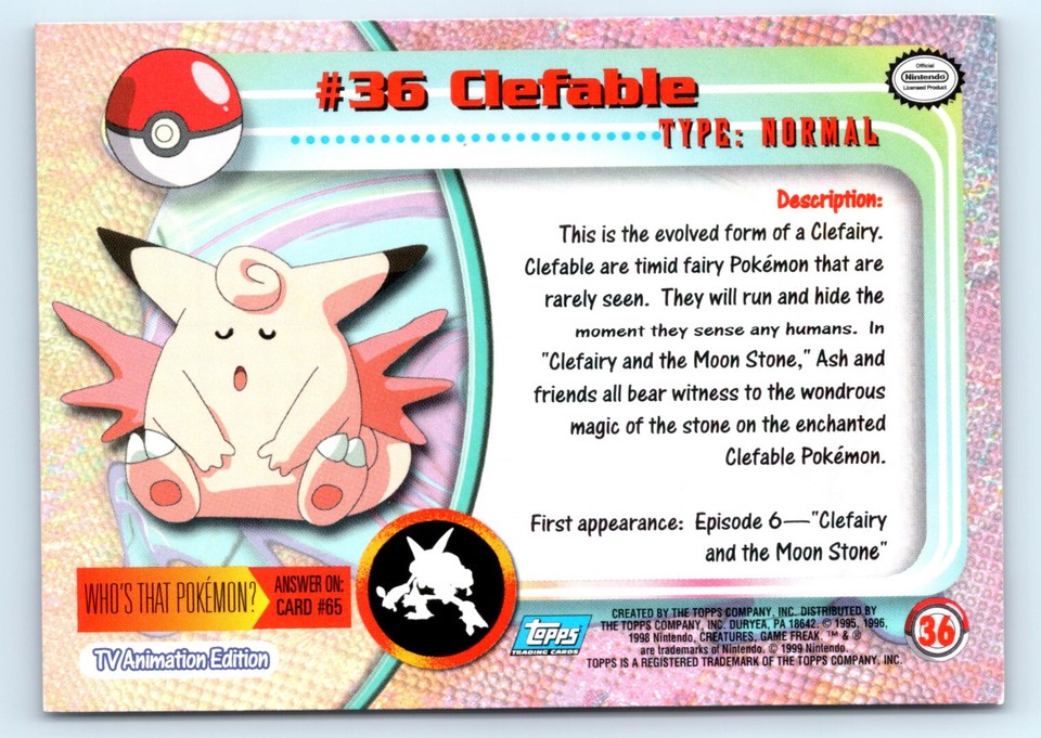 Clefable #36 BLUE Logo 1999 Topps Tv Series 1 Nintendo Pokemon Card LP ...