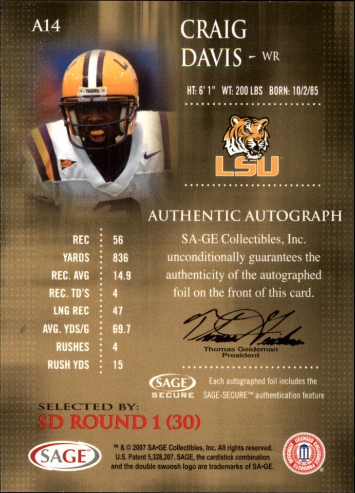 2007 SAGE Autographs Bronze #A14 Craig Buster Davis | eBay