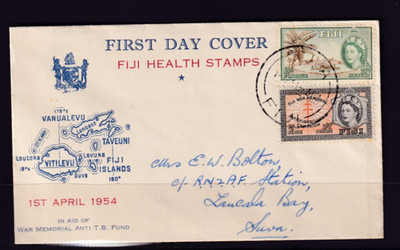 FIJI 1954 FIRST DAY COVER HEALTH STAMPS ISSUE WITH FIJI ISLANDS MAP ...