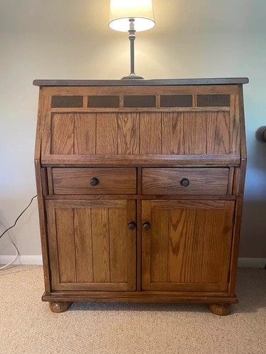 Drop-Down Secretary Hutch Desk, Oak Wood with Filing Cabinet and Hidden ...