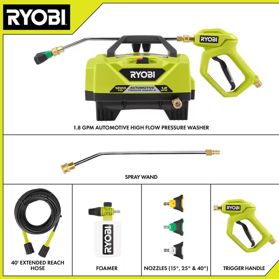 RYOBI RY14AM12 1.8 GPM Automotive High Flow Pressure Washer Kit 1200 ...