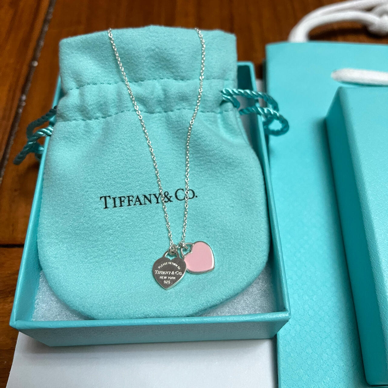 Tiffany Mini Double Heart Pink Enamel Sterling Silver Necklace Pendant ...