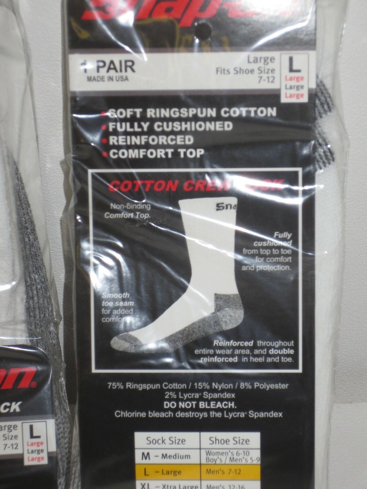 12 Snap-On Crew Socks Men's WHITE LARGE ~ FREE SHIP ~ MADE IN USA 12 ...