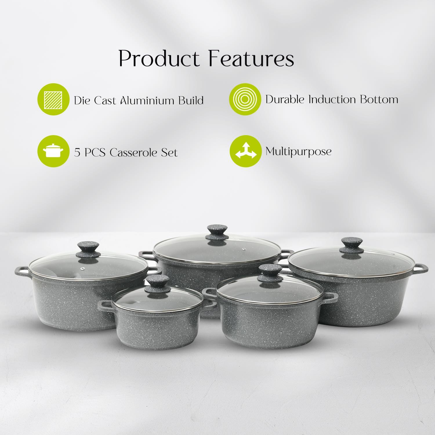 5 Piece Die-Cast Aluminium Cookware Set Grey Casserole Stock Cooking ...