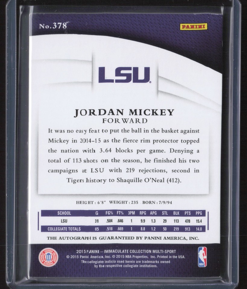 2015 Immaculate Collegiate Jordan Mickey Rookie Autographs /99 RC #378 ...