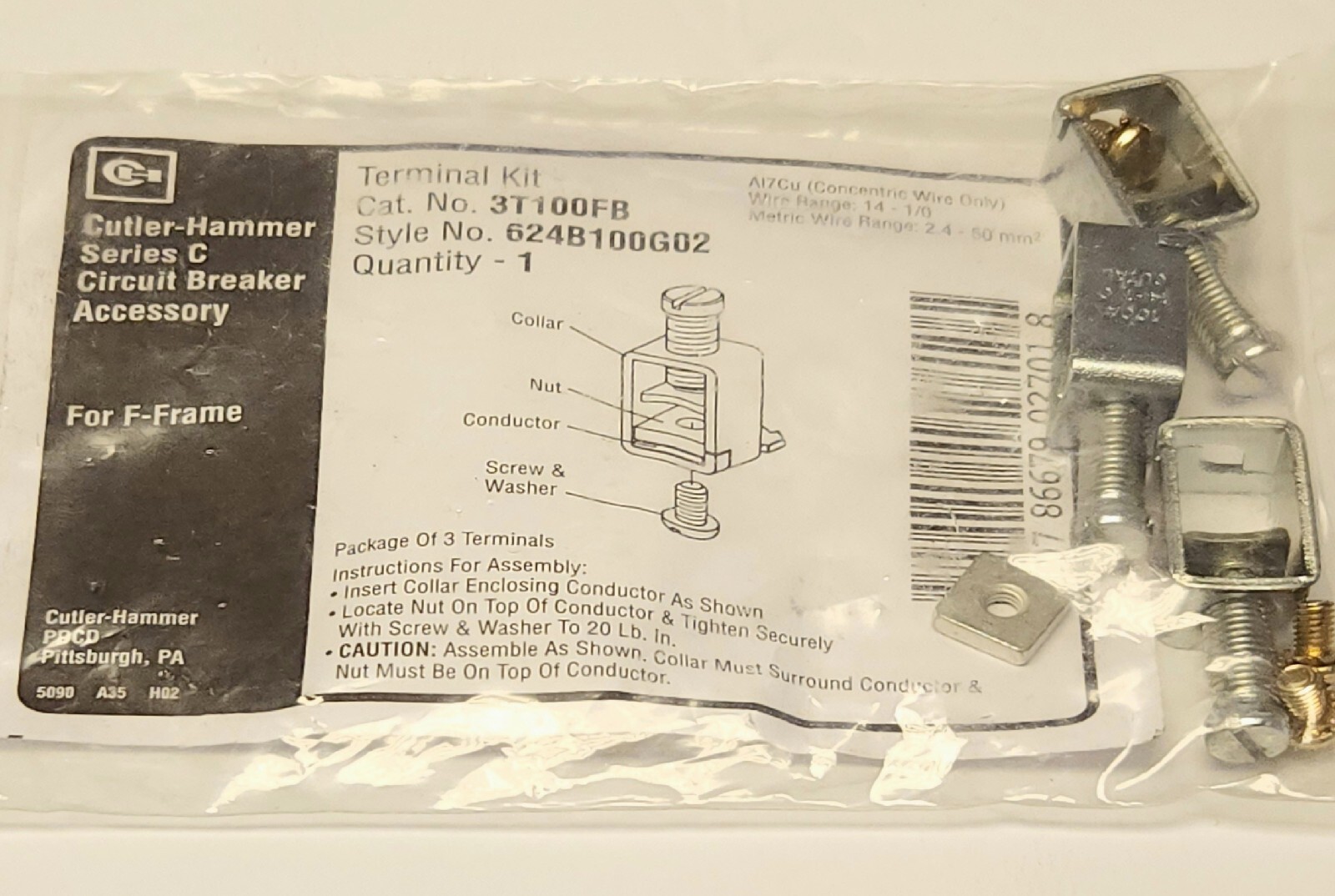 EATON CUTLER HAMMER 3T100FB F Frame Breaker 100 AMP Lug Kit Type FD HFD ...