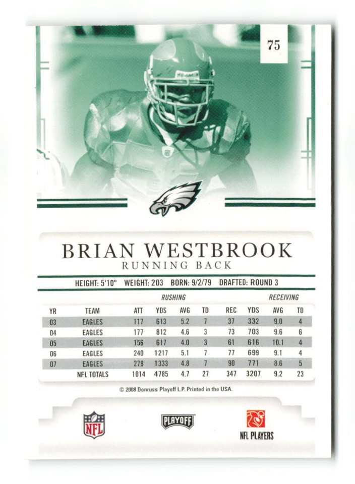 2008 Playoff Prestige Brian Westbrook #75 Philadelphia Eagles Football ...