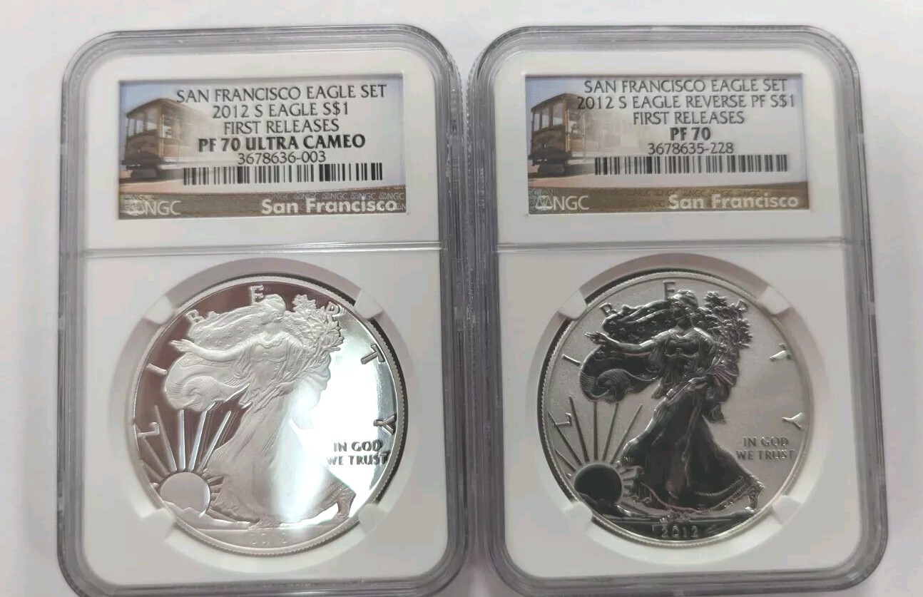 2012 S REVERSE PROOF SILVER EAGLE NGC PF70 & PF70 FR 2 COIN SAN ...