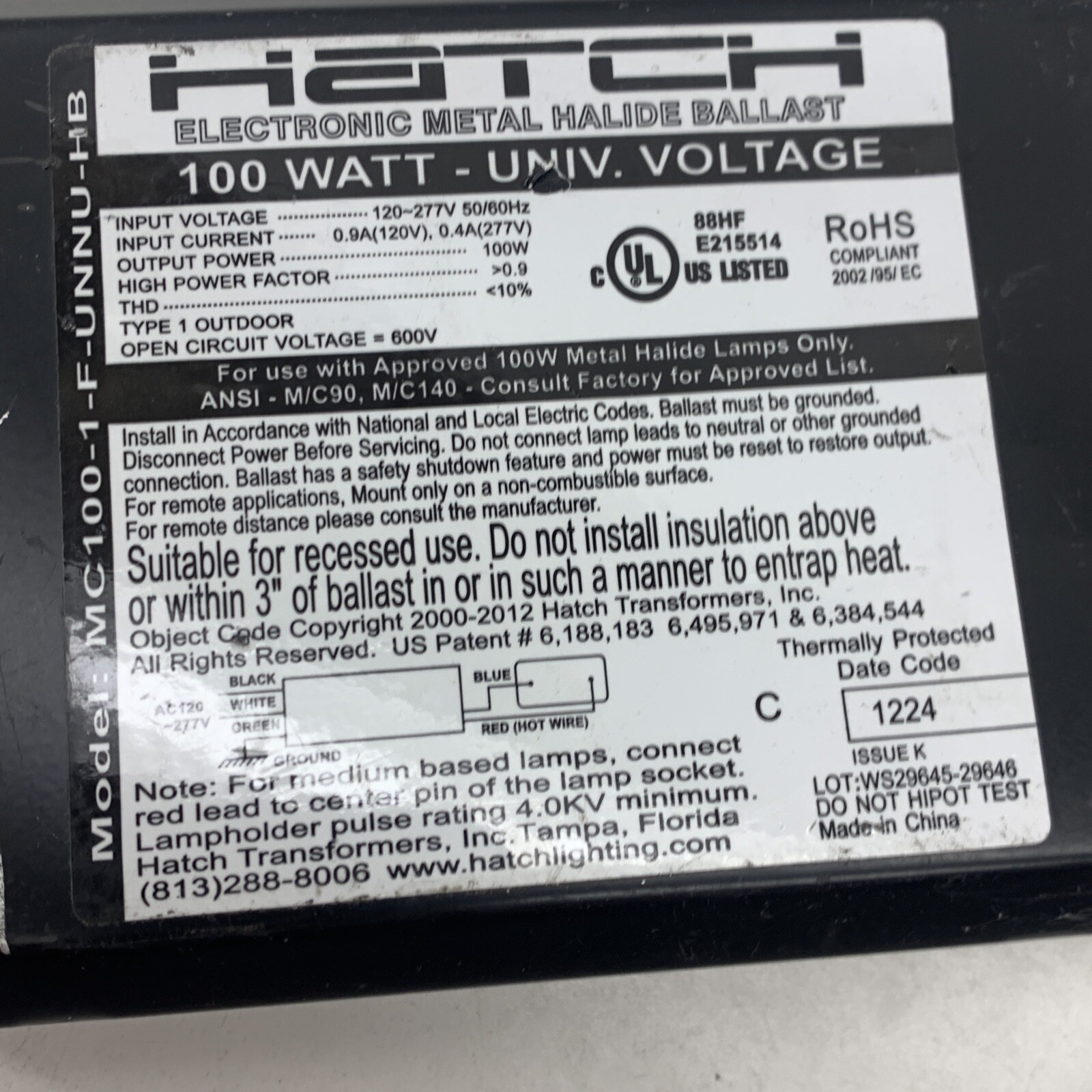 Hatch MC100-1-F-UNNU-HB Metal Halide 100-Watt Ballast 120-277V 100W ...