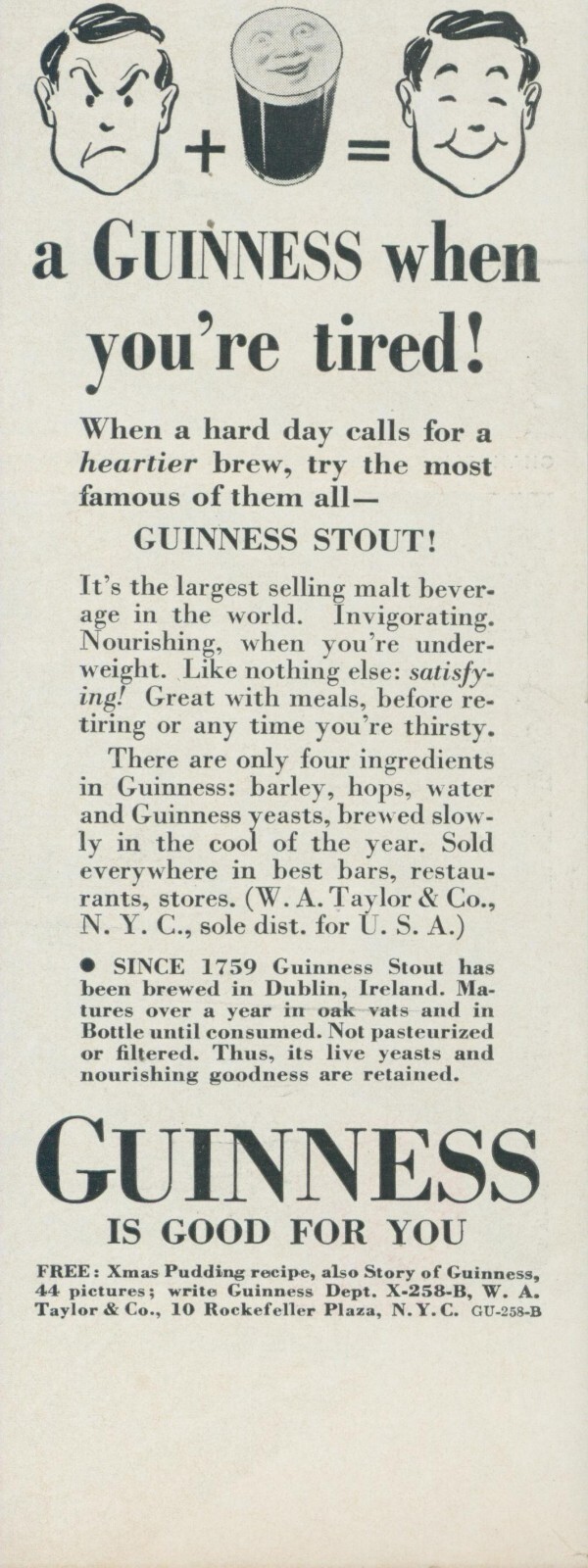1941 Guinness Stout Beer When Tired Happy Face Foam Vintage Print Ad L9
