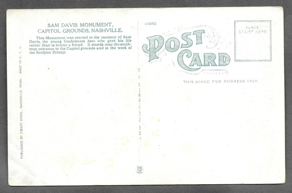 SAM DAVIS MONUMENT Capitol Grounds Nashville TN POSTCARD 1913 Curt ...