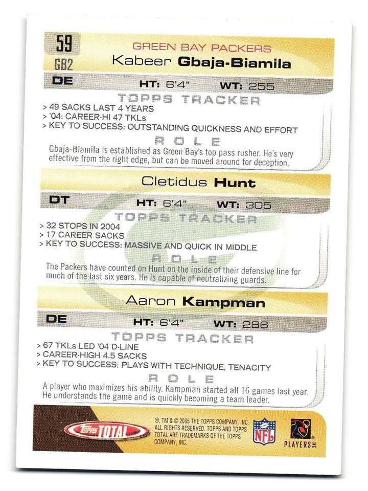 2005 Topps Total #59 Cletidus Hunt / Kabeer Gbaja-Biamila / Aaron ...