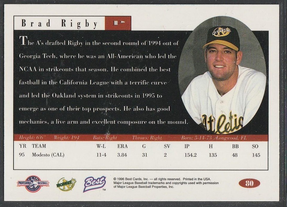 Original Autograph, Brad Rigby; Modesto A's, 1996 Best, #80 | eBay