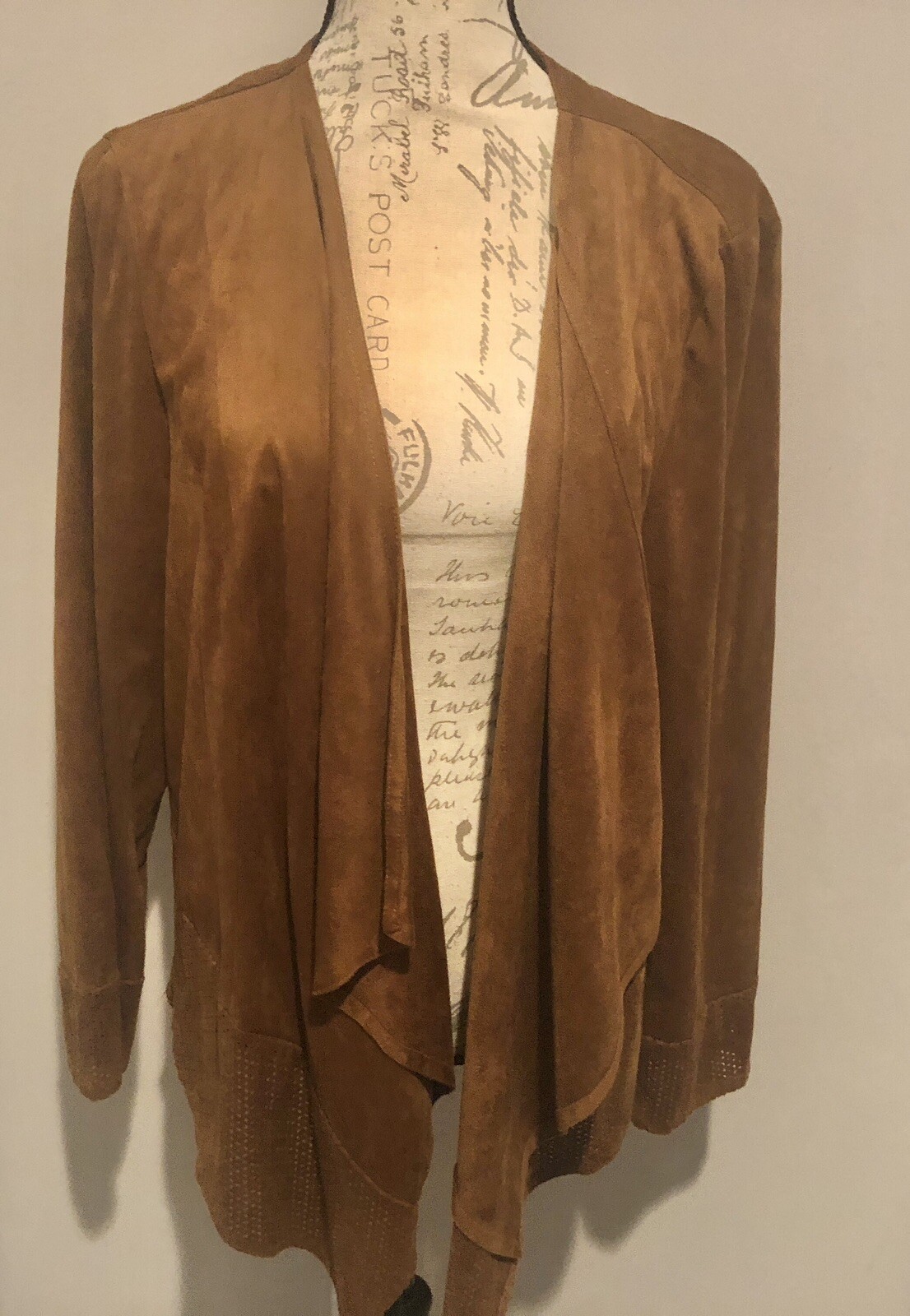 Chico's Faux Suede Perforated Drape Open Front Jacket Brown Sz #3 | eBay