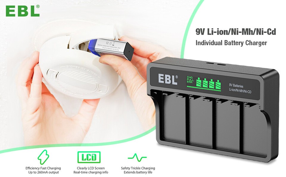 EBL 600mAh Rechargeable 9V Batteries / 9 Volt Lithium Ion Battery ...