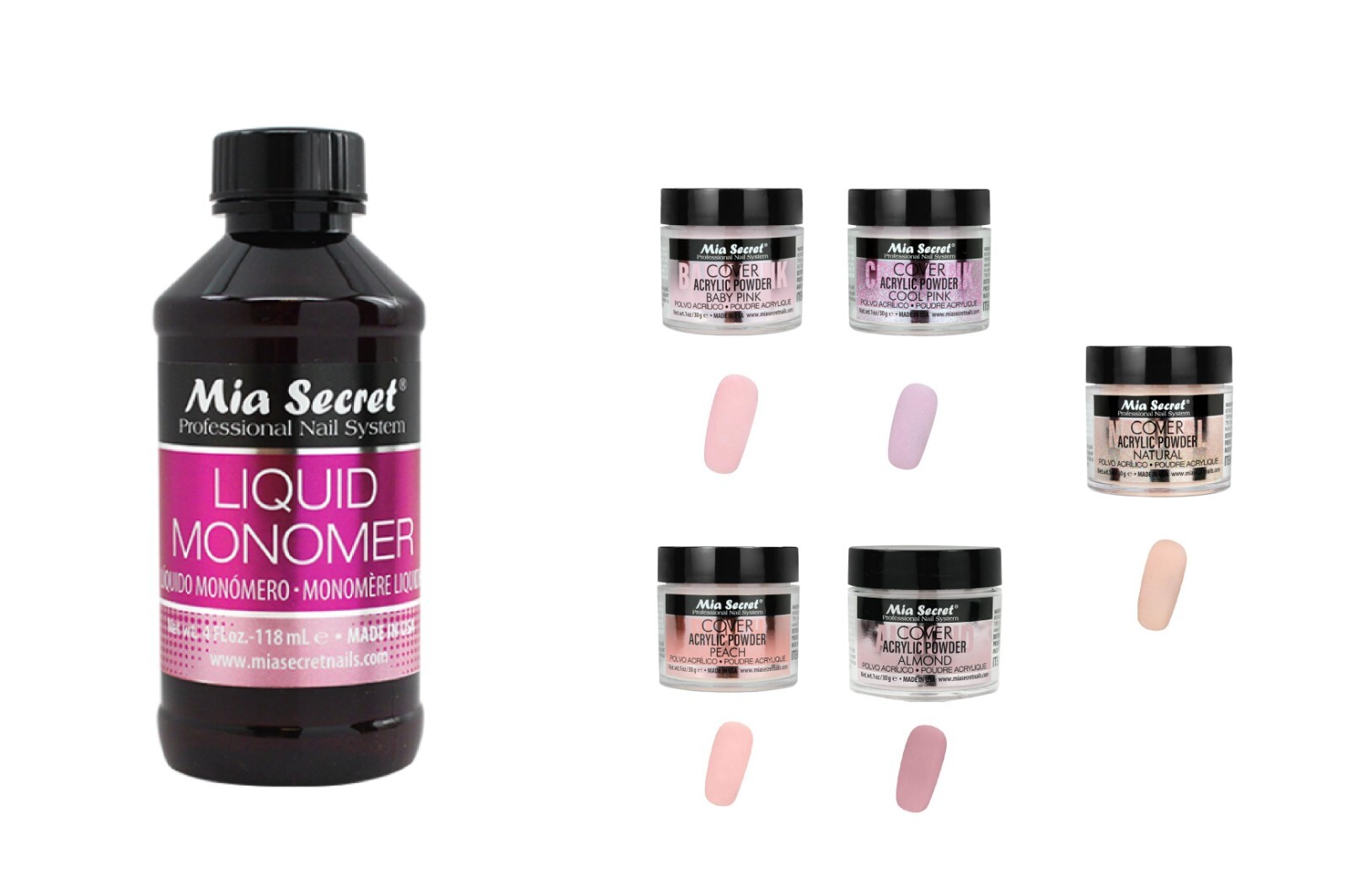 Mia Secret Liquid Monomer 4oz and Acrylic Powder 1oz each -5 Colors ...