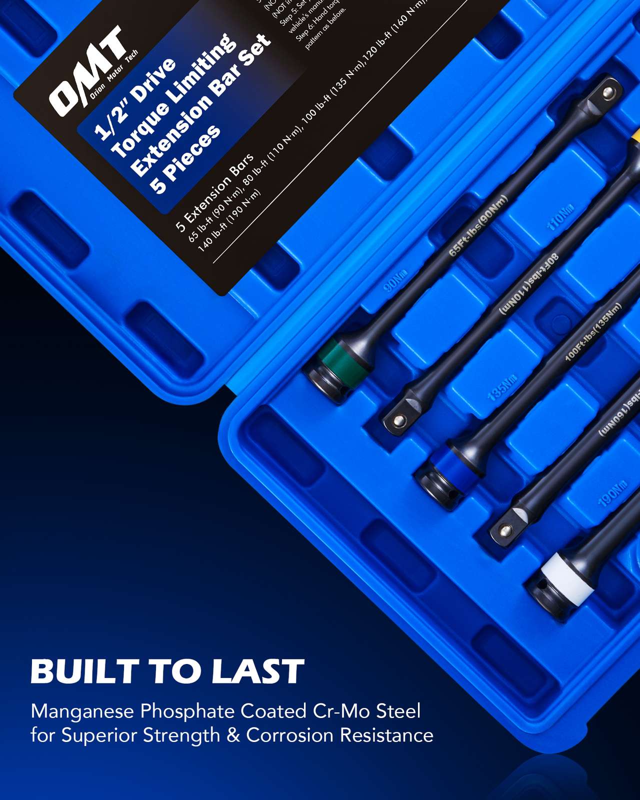 OMT 5pc 1/2" Drive Torque Limiting Extension Bar Set Torque Sticks 65 ...
