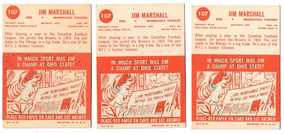 1963 Topps #107 JIM MARSHALL rookie 3 card lot MINNESOTA VIKINGS Ohio ...