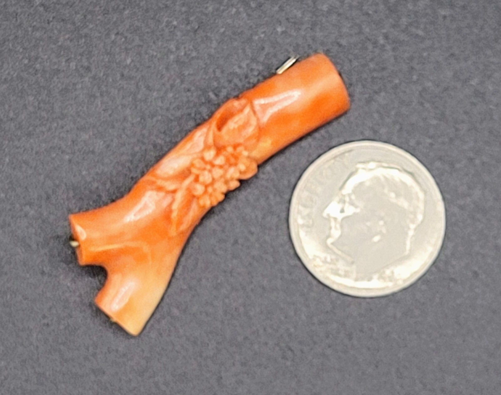 Vintage CORAL & SILVER Brooch CARVED FLOWERS ON BRANCH Boho COTTAGECORE ...