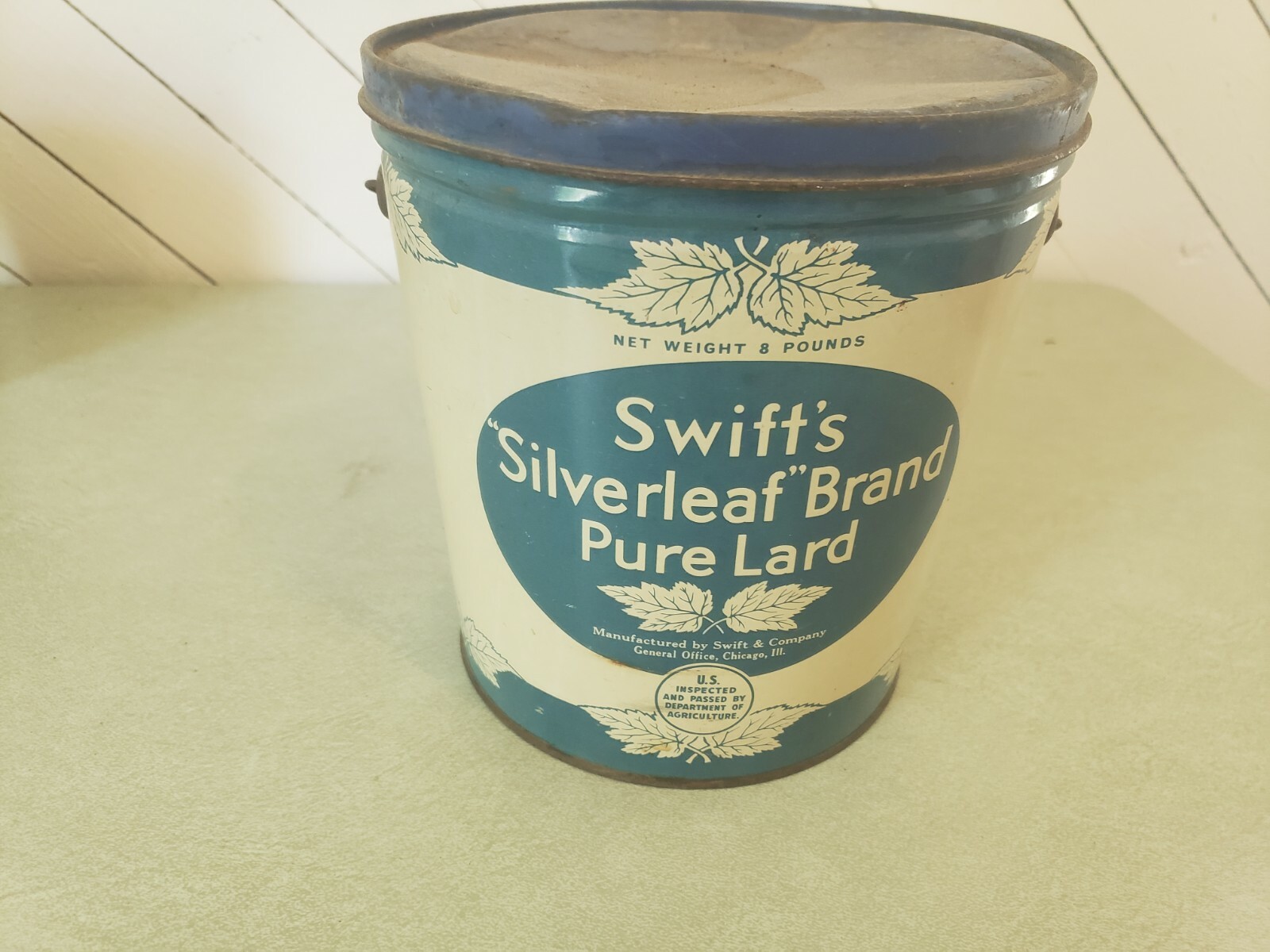 Vintage 8 Pound SWIFT'S SILVERLEAF Brand Pure LARD Tin Pail Lard Tin w ...