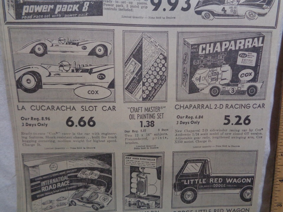 Vintage Toy Store Ad 1967 CARS eldon SLOT cox model kits Race set 1960s ...