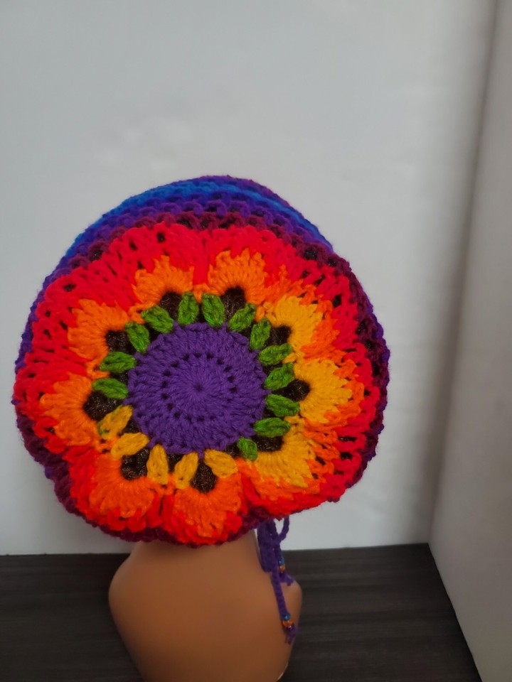 Rainbow Crochet Flower Tam Slouch Hat With Drawstring Handmade One Size ...