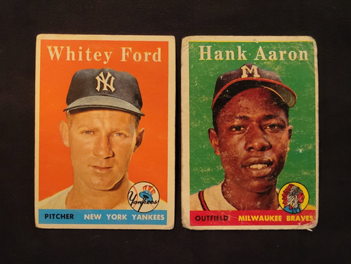 1958 TOPPS 2 CARDS LOT HANK AARON #30 WHITEY FORD #320 HOF MLB BASEBALL ...
